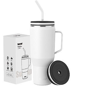 Sursip 50 oz Tumbler with Handle and Straw Lid - Stainless Steel Vacuum Insulated Coffee Cup Travel Mug, Keeps Drinks Cold up to 24 Hours - Sweat Proof, Dishwasher Safe, Cupholder Friendly - White