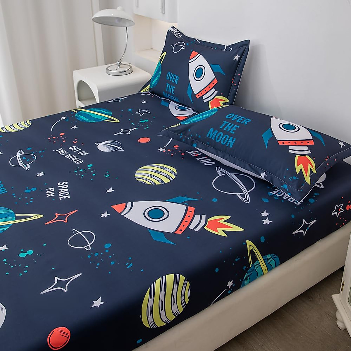 Megamayga Space Sheets Twin Size for Boys Kids 4 Pieces Outer Space Bed Sheets 3D Space Rocket Planets Bedding Set for Teens Boys Space Theme Bedding Set with 1 Fitted Sheet 1 Flat Sheet 2 Pillowcases