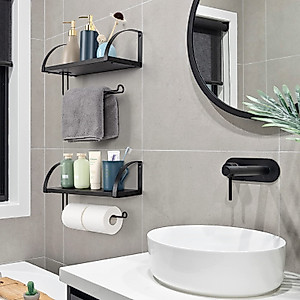 Paper Towel Holder Wall Mount with Shelf Industrial Pine Wood Paper Towel Roll Rack Under Cabinet Spice Rack for Kitchen Bathroom Hanging Paper Towel Holder - Matte Black