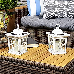 Sunnydaze Lucien Outdoor Solar LED Decorative Candle Lantern - Rustic Farmhouse Decor for Patio, Porch, Deck and Garden - Tabletop and Hanging Outside Light - Set of 2 - White - 9-Inch