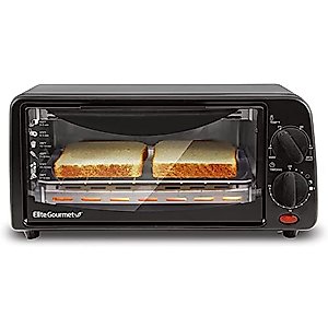Elite Gourmet ETO236 Personal 2 Slice Countertop Toaster Oven with 15 Minute Timer Includes Pan and Wire Rack, Bake, Broil, Toast, Black