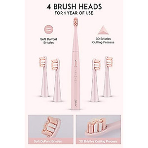 DMH Electric Toothbrush, Sonic Electric Toothbrush Powerful Cleaning, Rechargeable Travel Toothbrush with 4 Brush Heads, 3 Modes, 4 Hour Fast Charge for 60 Days Use, Pink