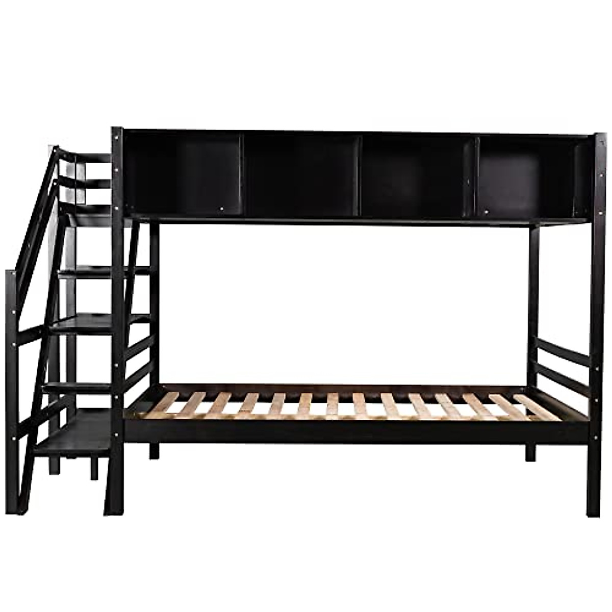 DEYOBED Twin Over Full Wooden Bunk Bed with Storage Staircase and Cabinets for Kids Teens