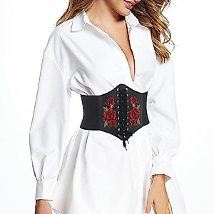 Urieo Elastic Rose Embroidered Lace-up Corset Belt Stretchy Tied Black Waspie Belts Wide Halloween Party Dress Cincher Waist Belt for Women