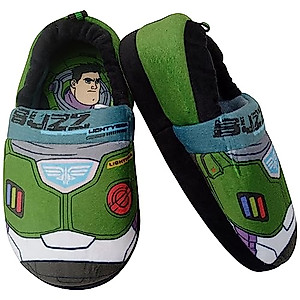 Disney Toy Story Slippers - Buzz Lightyear and Sheriff Woody Fuzzy PJ House Shoes - Boys Pajama Indoor Warm Slipper - Green/Black (size 9-10 Toddler)