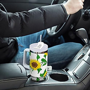 RPLIFE Bright Sunflowers Green Leaves 40 Oz Tumbler with Handle and Straw, Stainless Steel Water Bottle with Straw, Tumbler for Men