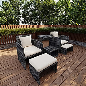 LHBcraft 6 Piece Patio Furniture Conversation Set with Ottoman, Outdoor Black&Grey Wicker Chair and Table Set with Beige Cushion, Balcony Furniture for Apartments (Black)