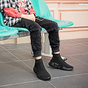 CHUI Boys Girls Breathable Sneakers Kids Hightop Shoes Mesh Lightweight Casual Slip-On Athletic Running Walking Shoes (Little Kid/Big Kid) Full Black Size 1 M US