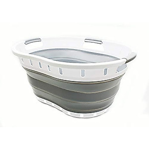 SAMMART 36L (9.5 Gallon) Collapsible 3 Handled Plastic Laundry Basket - Oval Basket - Foldable Storage Container/Organizer - Space Saving Laundry Hamper (White/Grey)
