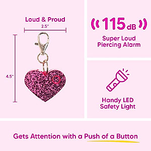Super-Cute Personal Safety Alarm - 115 Decibel Self Defense Panic Alarm with LED Light & Keychain Clip - Pink Glitter Heart, 1 Count