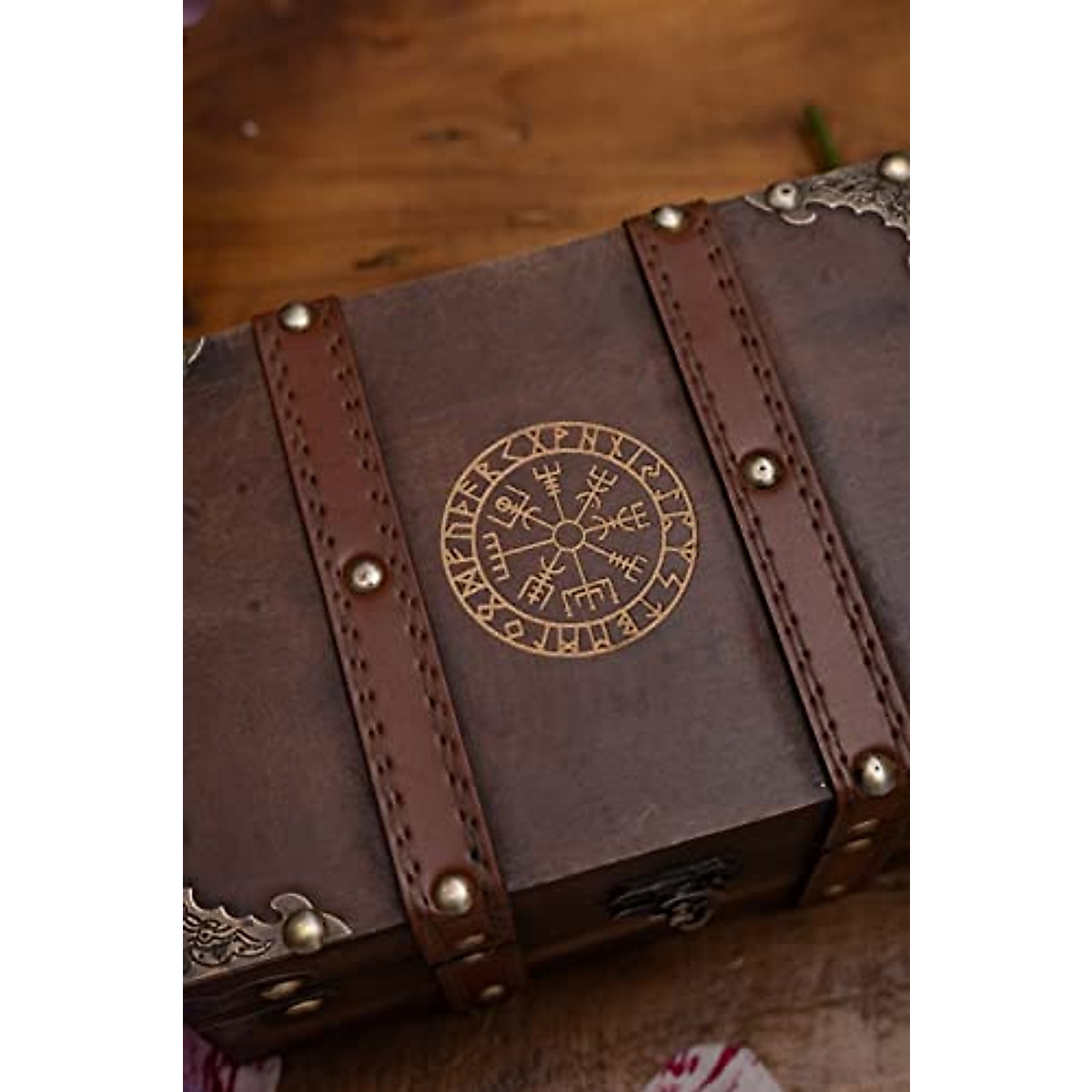 Gbrand 8.3" Wood and Leather The Runic Viking Compass Chest Box, Vegvisir Engraved Wooden Treasure Box with Velvet Lining, Vintage Tarot Box (Box Only)