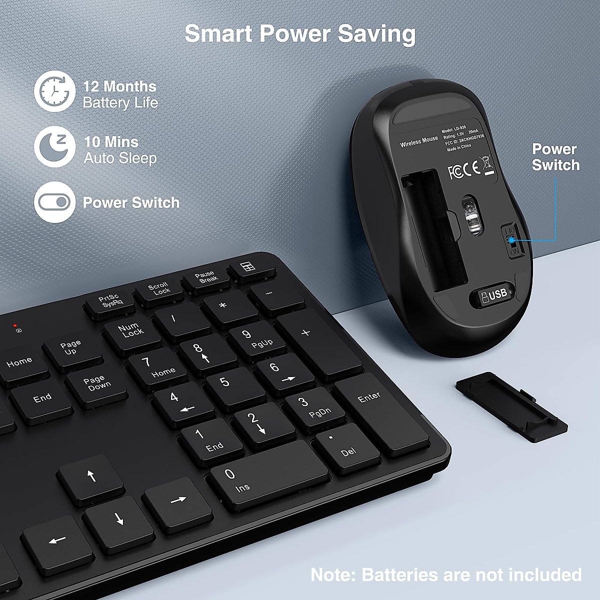 Wireless Keyboard and Mouse, WisFox 2.4GHz Full-Size Silent with Numeric Keypad, Long Battery Life, Lag-Free, Slim USB Cordless Mouse Combo (Black)