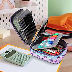 Kasqo Large Pencil Case, Marker Pencils Pouch Bag Holder Polyester Stationery Storage Multiple Compartment Top Handle for Middle High School Office College Student Girl Women Adult Teens, Butterfly