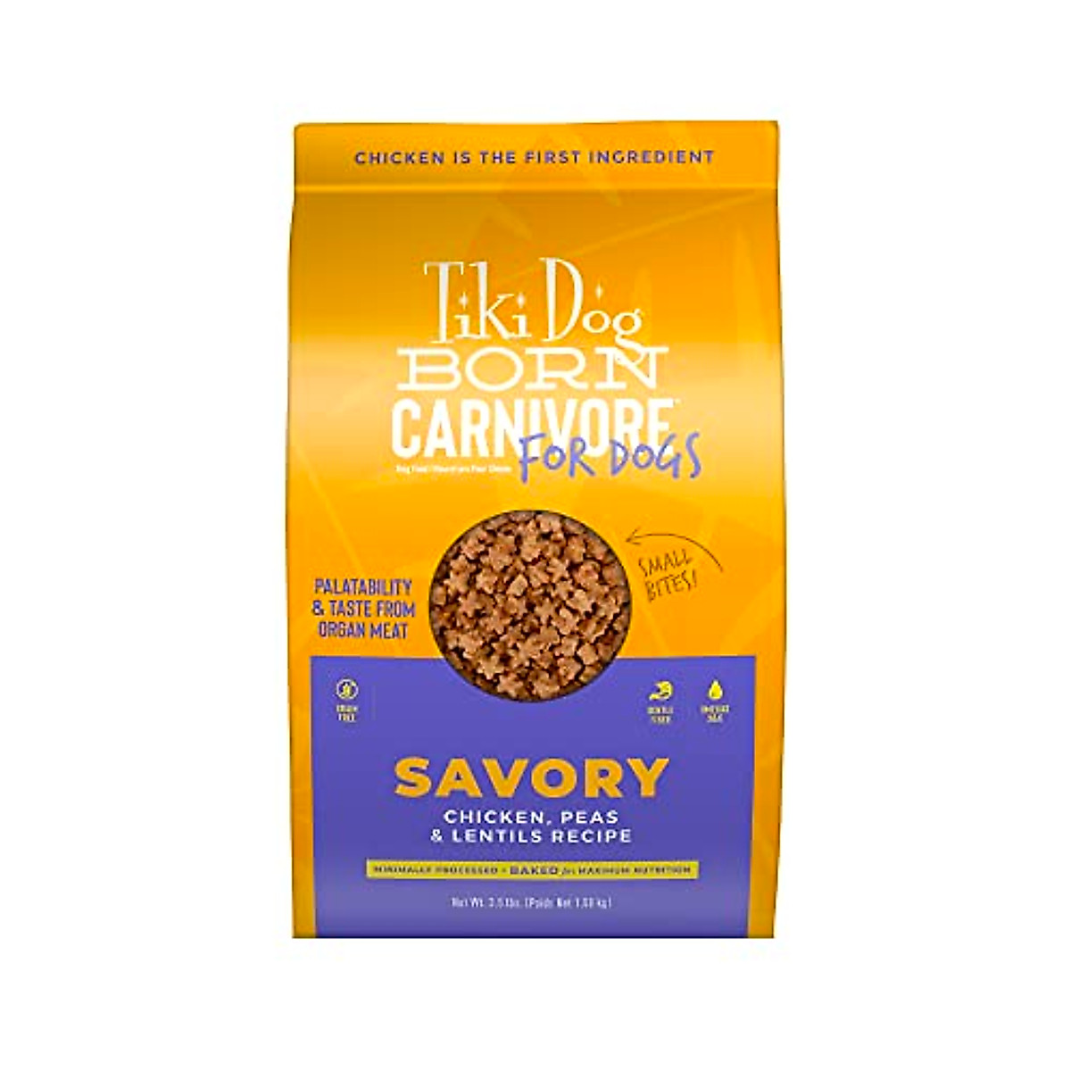 Tiki Dog Born Carnivore for Dogs, Savory Chicken, Peas & Lentils Recipe, Grain Free Baked Kibble for Maximum Nutrition, For Adult Dogs and All Size Breed Dogs, 3.5 lbs Bag