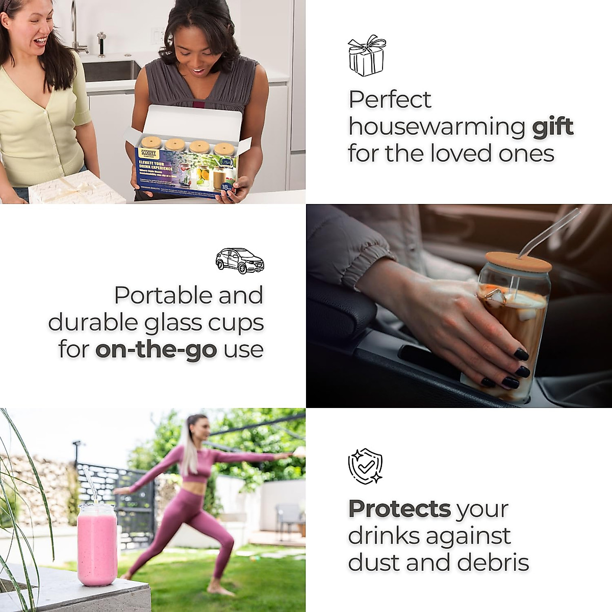 Scoozee Glass Cups with Lids and Straws (Set of 4, 16 oz) - Glass Tumbler with Straw and Lid, Can Shaped Drinking Glasses, Iced Coffee Cup, Beer Glasses - Aesthetic Cute Coffee Bar Gift