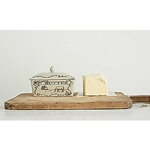 Creative Co-Op Country Stoneware Butter Dish with Lid, "Spread the Love" Message, and Farm Line Drawing, White and Black