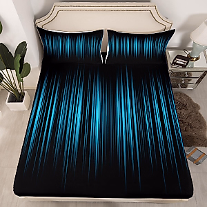 Feelyou Abstract Ombre Sheets with Deep Pocket Fitted Sheet Twin Size, Blue and Black Bed Sheets Set for Kids Toddler Blue and Black Striped Sheet Set Modern Abstract Geometric Bedding Set 3Pcs