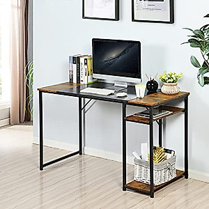 FurnitureR 55 inch Study Writing Table with Storage Shelves Space Saving for Home Office, Modern Style PC Metal Frame Computer Desk, Black&Brown