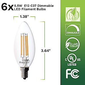 Bioluz LED 92 CRI E12 LED Candelabra Bulbs 60 Watt (5.5W) Warm White 2700K Clear LED Filamament Candle Bulb Dimmable UL Listed Title 20 6-Pack