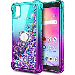 NZND Compatible with TCL 30Z (T602DL) Case, TCL 30 LE with Tempered Glass Screen Protector/Ring Holder/Wrist Strap, Glitter Liquid Floating Waterfall Durable Women Girls Kids Cute Case (Aqua/Purple)