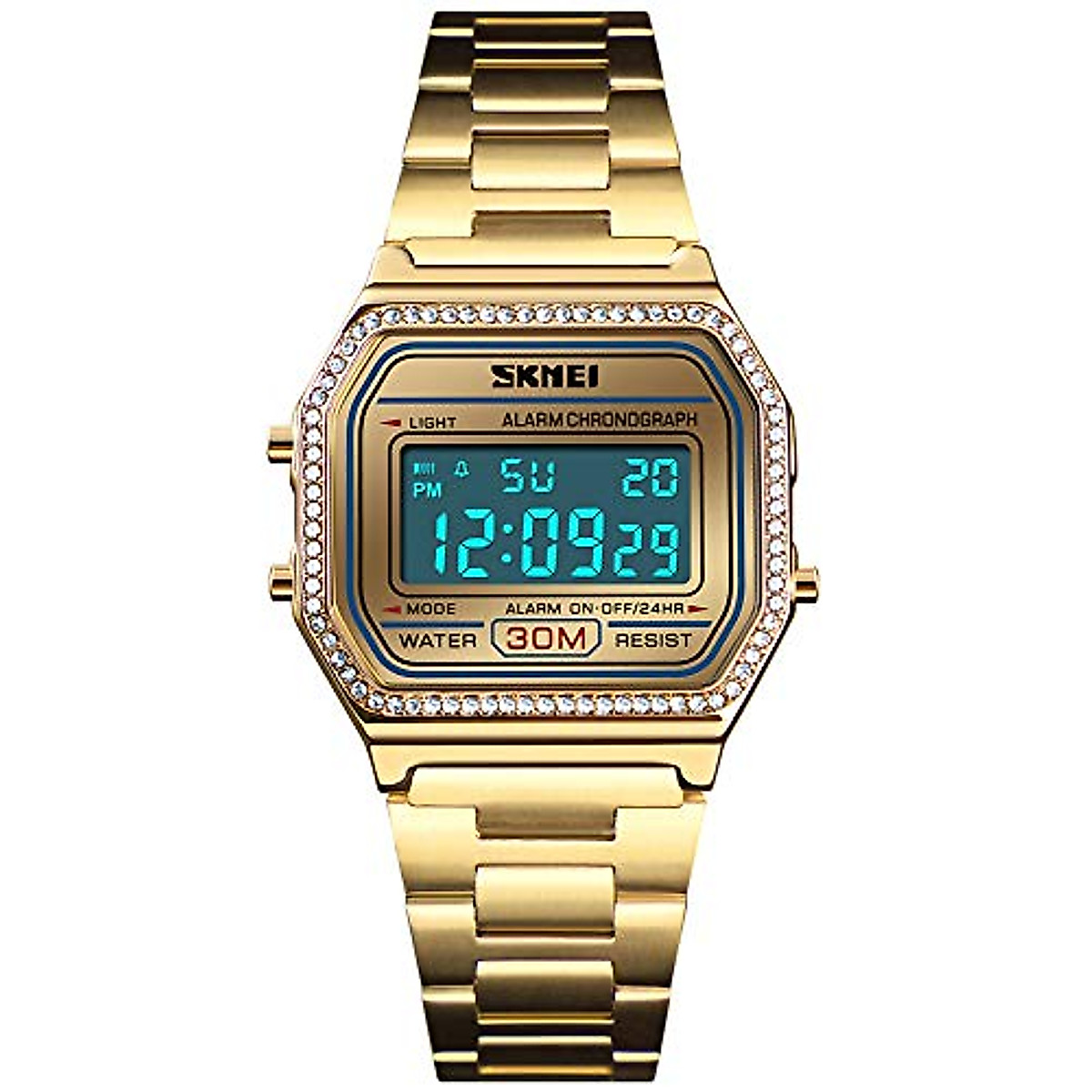 PASOY Men's Digital Gold Stainless Steel Watch Backlit Multifunction Stopwatch Waterproof Sport Watches (Gold with Crystal Bezel)