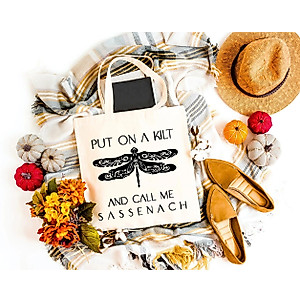 GXVUIS Dragonfly Canvas Tote Bag for Women Put on a Kilt and Call Me Sassenach Reusable Grocery Shopping Bag Outlander Gift White