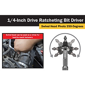 Titan 11318 1/4-Inch Drive x 4-Inch 90-Tooth Swivel Head Micro Ratcheting Bit Driver - Silver