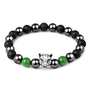 Karseer Antique Silver Panther Hematite and Matte Onyx Natural Stones Beaded Stretch Bracelet Meditation Prayer Stress Relief Energy Beads Bracelet for Men Women