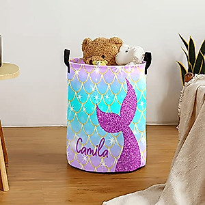Mermaid Scale Purple Blue Gold Personalized Laundry Basket Clothes Hamper with Handles Waterproof ,Collapsible Laundry Storage Baskets for Bathroom,Bedroom Decorative 19.7"Hx14.2"D