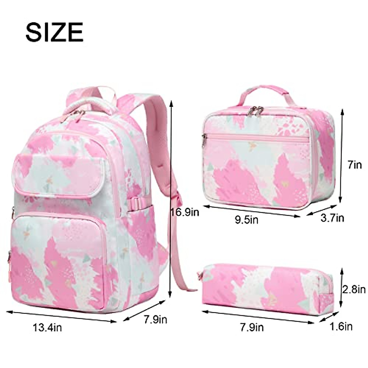 Rexmore Kids Backpack for Girls,3 Pcs Set Elementary Bookbag Waterproof Cute School Bag with Multi Pockets and Compartment,Pink