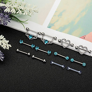 Masedy 6 Pairs 14G 316L Stainless Steel Nipplerings Nipple Tongue Rings Women CZ Barbell Body Piercing Jewelry Blue