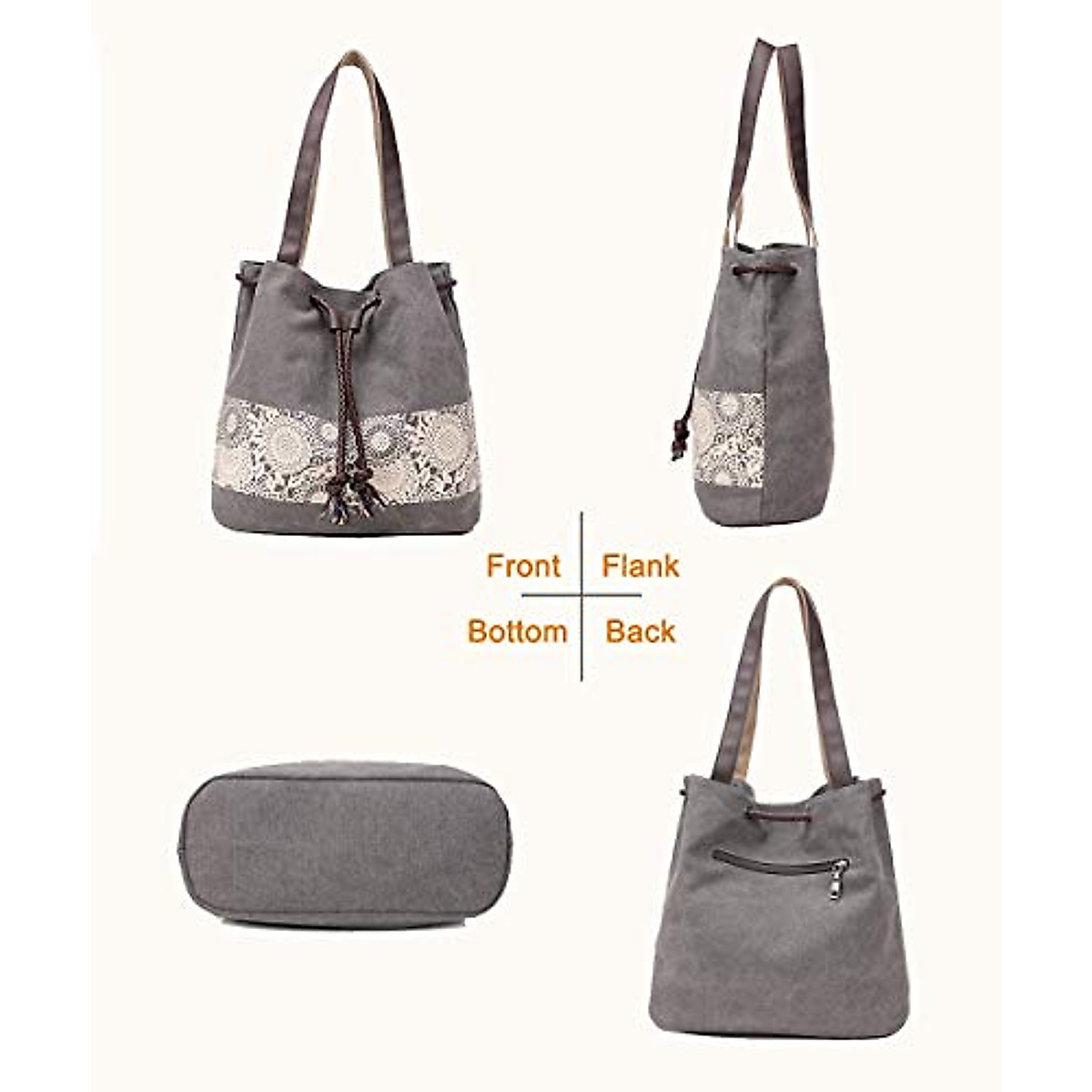 Women Printing Canvas Shoulder Bag Casual Hand Bags Purse Retro Tote Bags (Gray)