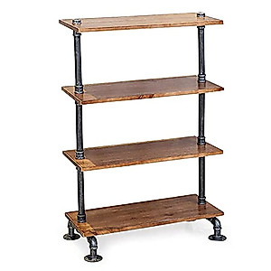 Futchoy 4 Tier Industrial Iron Pipe Shelf Unit Free Standing Bracket Solid Wood Rustic Vintage Multifunctional Display Rack Open Metal Book Shelf for Home Office Organizer
