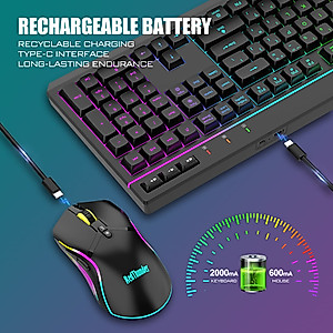 RedThunder K20 Wireless Keyboard and Mouse Combo, Full Size Anti-Ghosting Keyboard with Multimedia Keys + 7D 4800DPI Optical Mice, Rechargeable RGB Gaming/Office Set for PC Laptop Mac Xbox (Black)