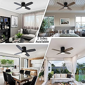 Ohniyou Ceiling Fan with Lights - 38'' Small Flush Mount Ceiling Fans Remote & APP Control - Dimmable Indoor Outdoor Quiet DC Low Profile Ceiling Fan for Patio Kitchen Bedroom(Black)