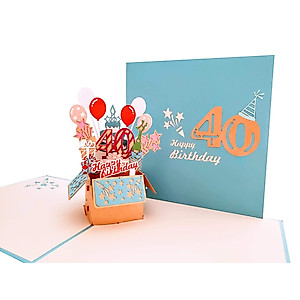 iGifts And Cards Happy 40th Blue Birthday Party Box 3D Pop Up Greeting Card – Forty, Awesome, Balloons, Presents, Unique, Celebration, Feliz Cumpleaños, Congrats, Fun