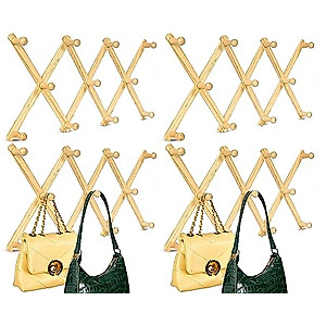 4 Pcs Expandable Hat Rack Coat Rack Wooden Accordion Wall Hanger Wall Mount Hat Rack Holder for Hanging Coffee Mug Cup Jackets Purses Necklaces Towels Leash Belt Umbrella (Wood Color, 10 Hooks)