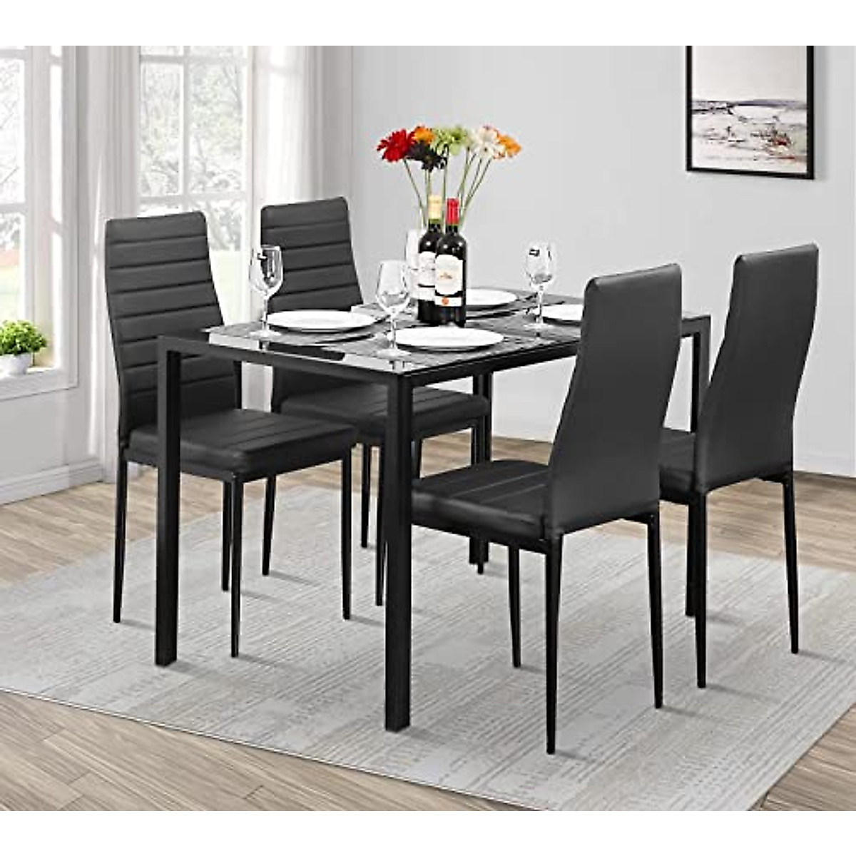 5-Piece Kitchen Table Set, Dining Table Set for 4 Dining Room Table Set for Small Spaces Modern Dinner Table Set with 4 Faux Leather Metal Frame Chairs