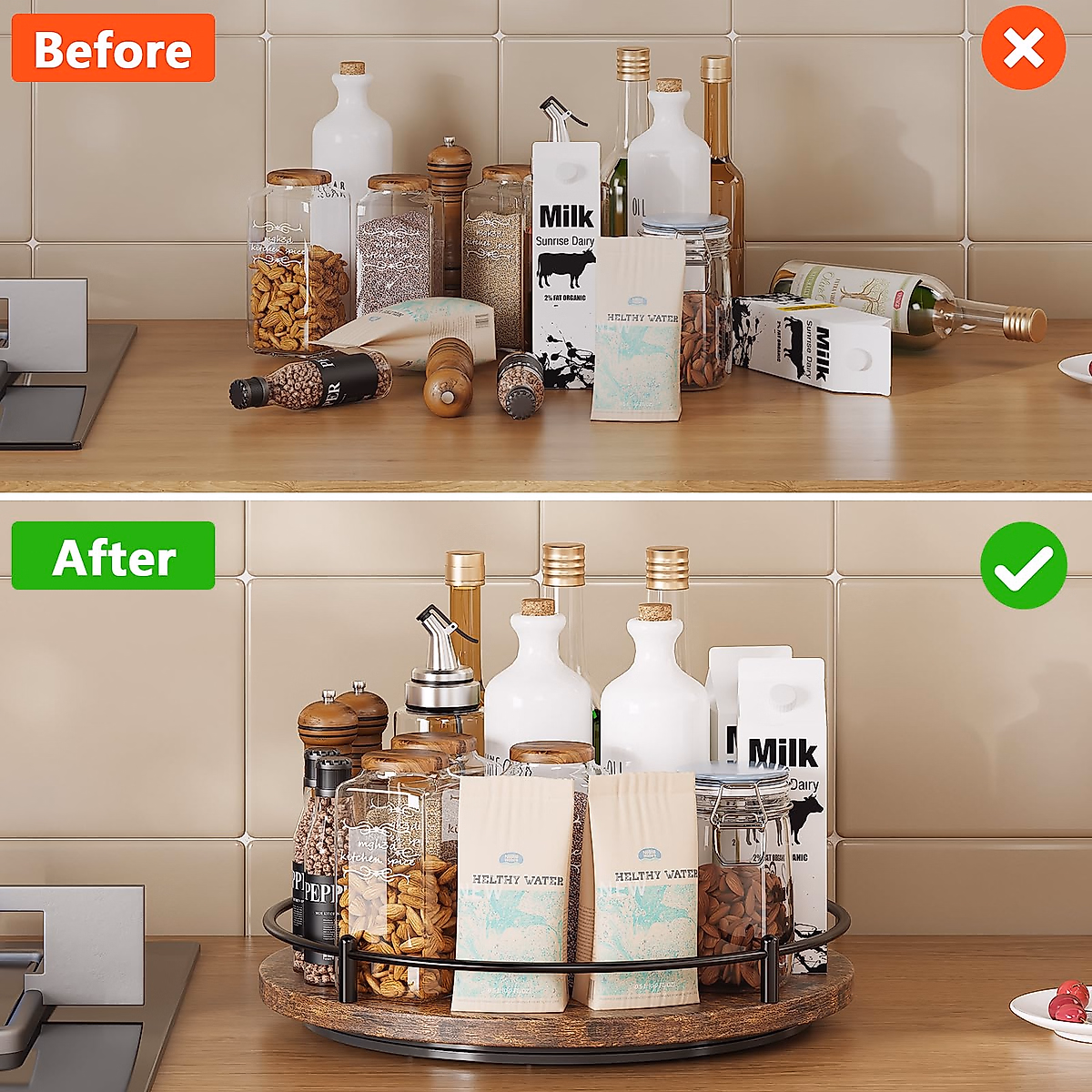 KOKSTOP Lazy Susan Organizer：9 Inch Rotating Spice Rack for Kitchen Countertop Round Wooden Turntable Holder for Cabinet, Dining Table, Cupboard Storage – Black