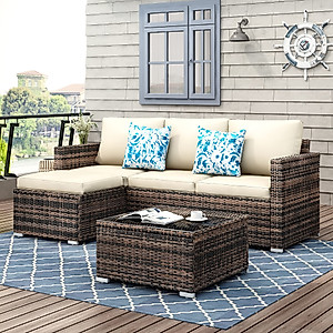 Suntone Patio Furniture Set All Weather Wicker Outdoor Sectional Patio Couch Rattan Patio Sectional with Table and Chairs, 3 Piece Patio Sofa Set, Beige
