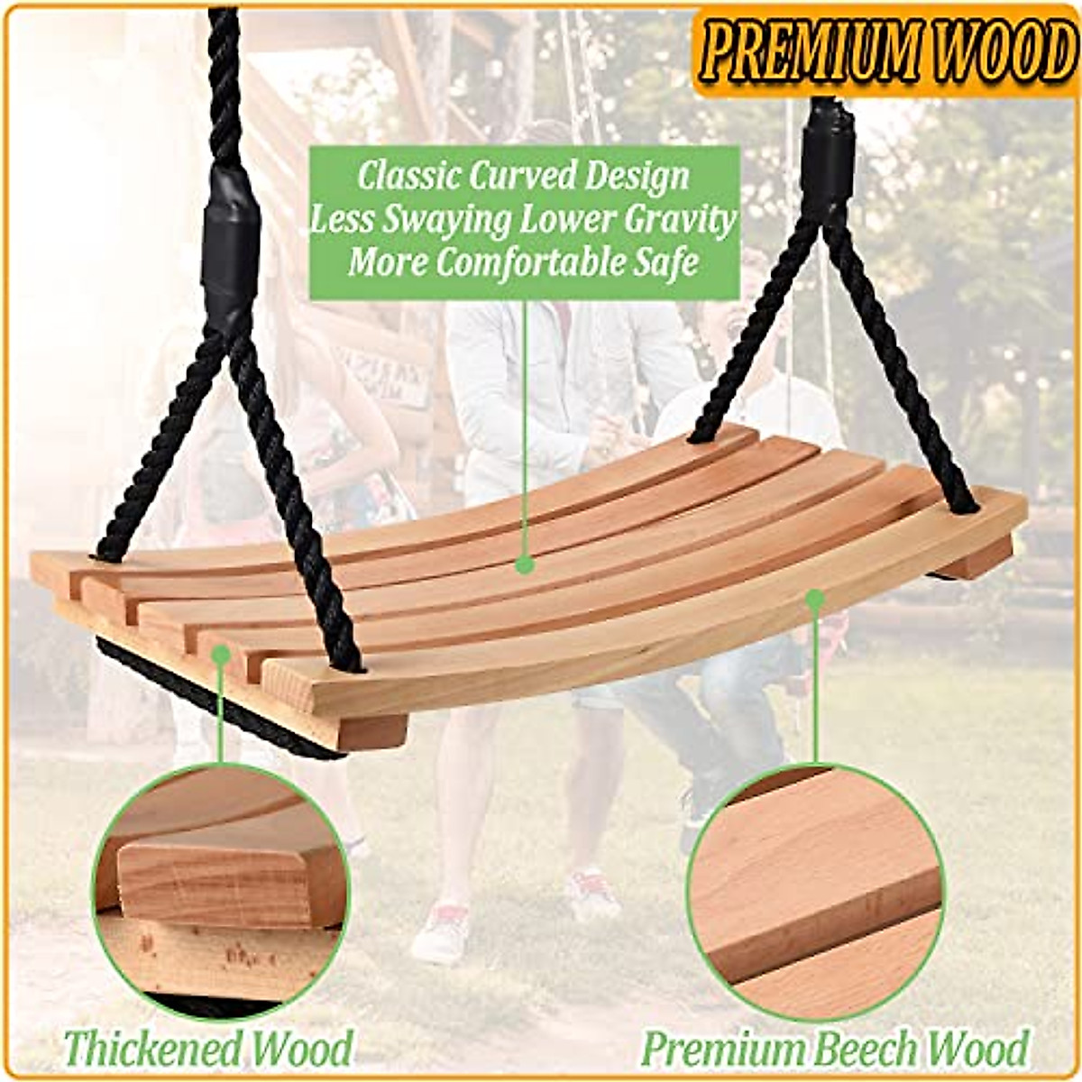 Taeku Adult Tree Swing, Hanging Beech Wood Swings with Adjustable Rope Garden Chair Seat Swing for Indoor Outdoor (22''x10'')
