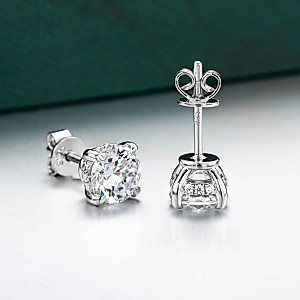 Bo.Dream 2 cttw Round Cut 6.5mm Cubic Zirconia Stud Earrings For Women Faux Diamond 18K White Gold Plated Sterling Silver