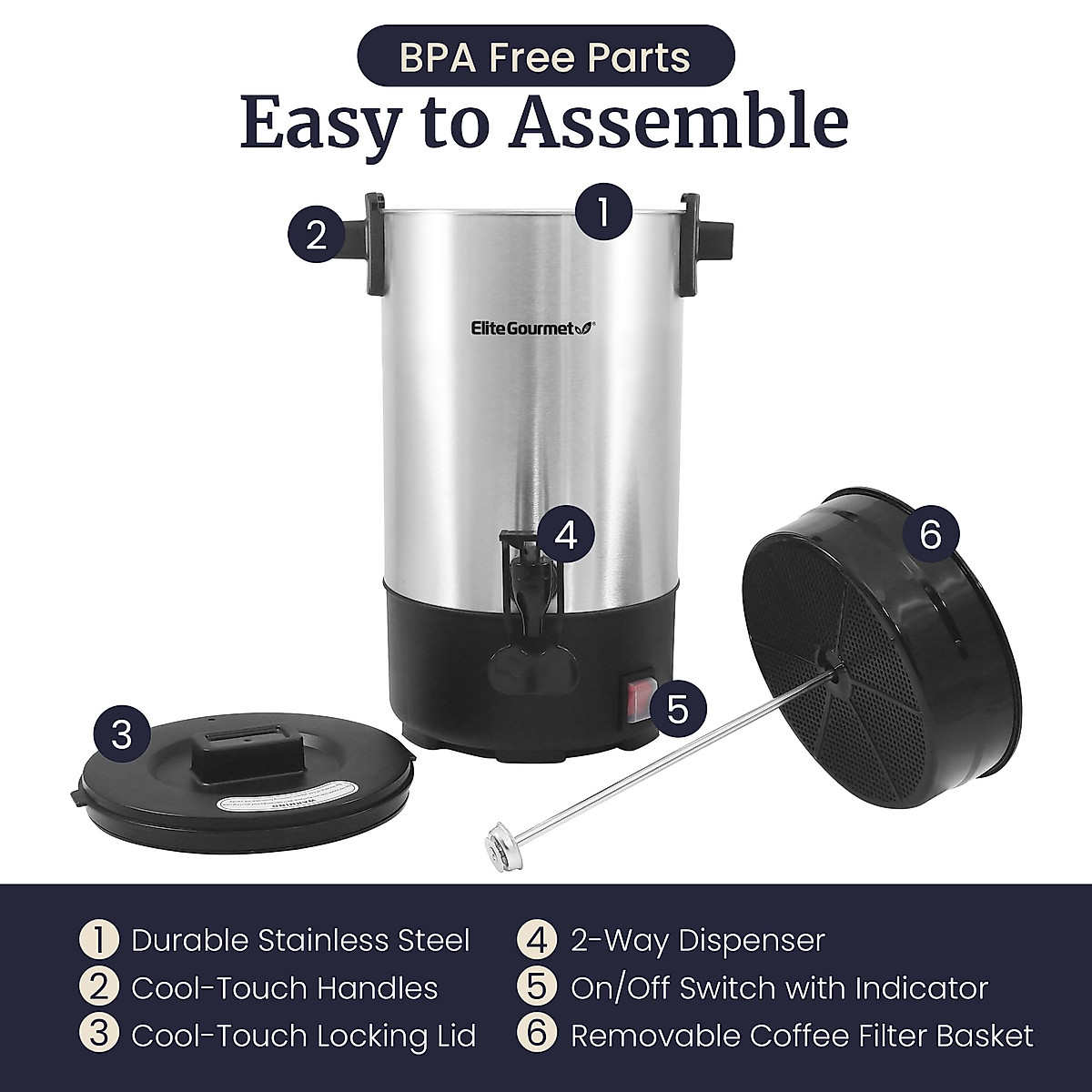 Elite Cuisine CCM-035 Maxi-Matic 30 Cup Electric Coffee Maker Urn, Removable Filter For Easy Cleanup, Two Way Dispenser with Cool-Touch Handles, Stainless Steel