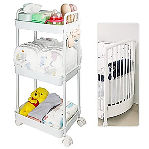 Volnamal Baby Diaper Cart, Plastic Baby Diaper Caddy Baby Organizer for Nursery Diaper Cart with Wheels Baby Essentials Storage Cart, White