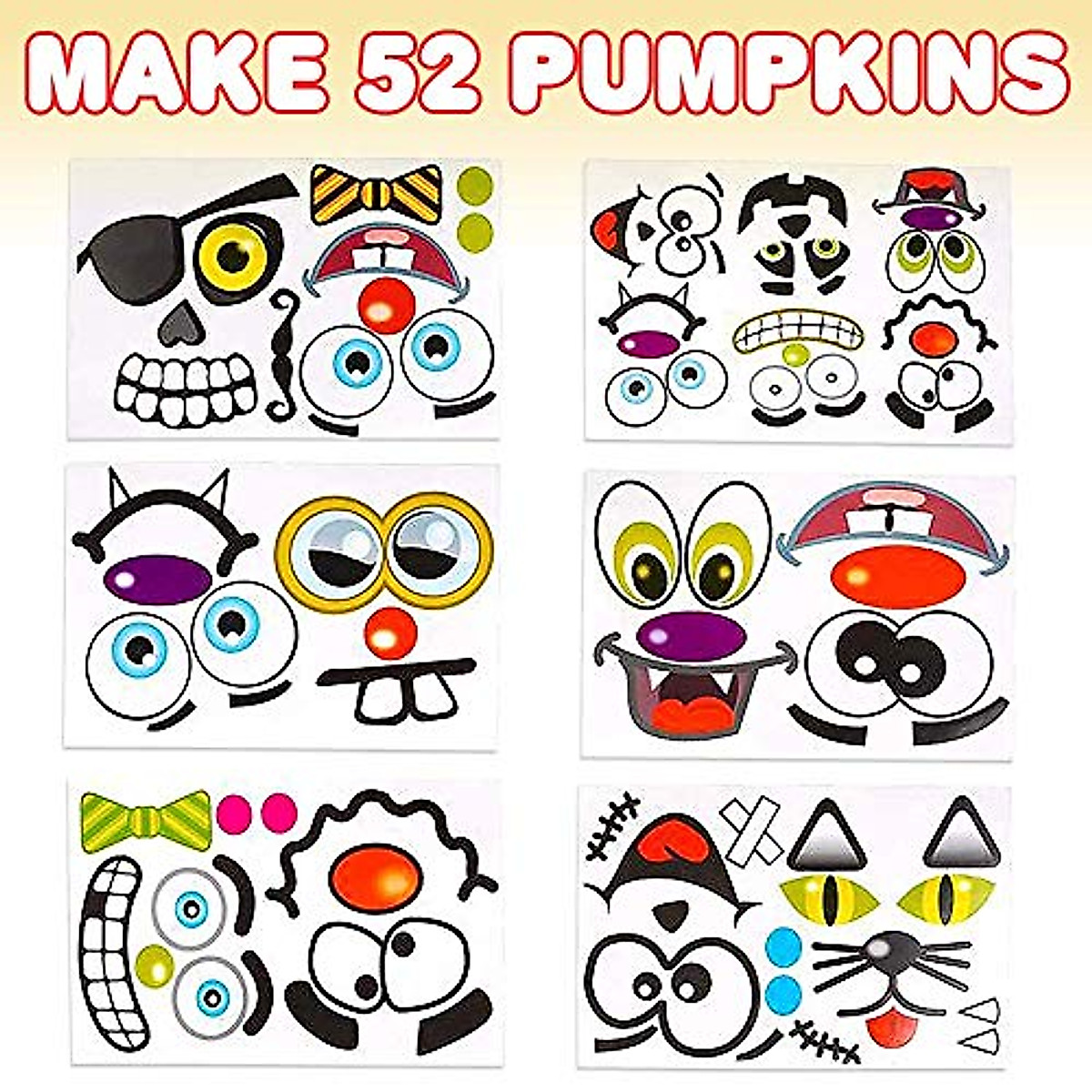 ArtCreativity Halloween Pumpkin Decorating Stickers - 24 Sheets - Jack-o-Lantern Decoration Kit - 52 Total Face Stickers - Cute Halloween Decor Idea - Treats, Gifts, and Crafts for Kids- 3” x 5”