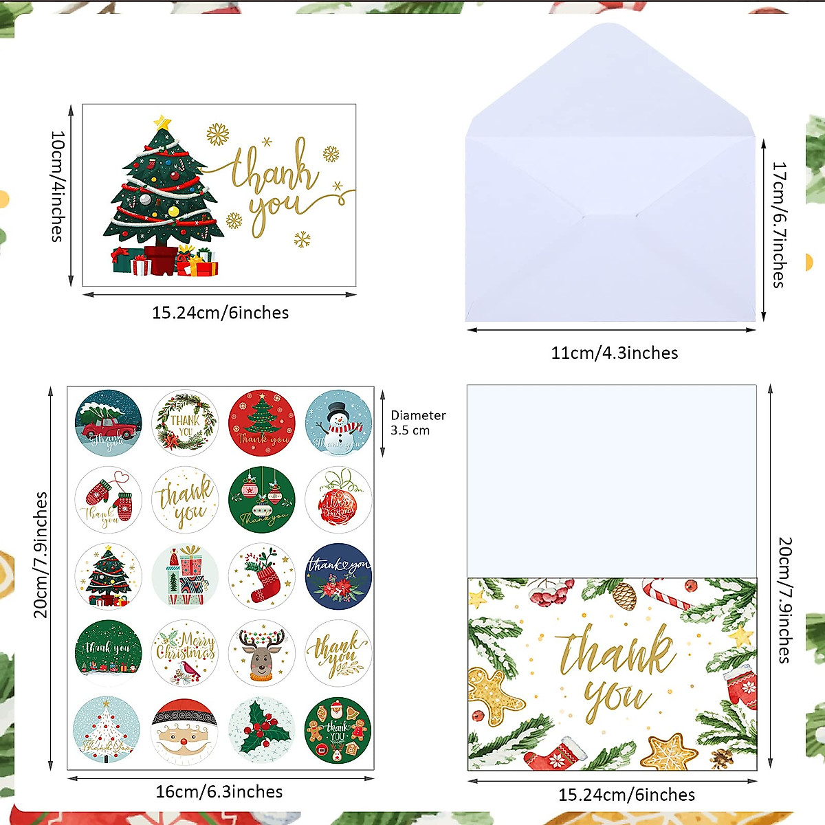 24 Pieces Christmas Thank You Cards Xmas Greeting Cards with Envelopes and Stickers, Christmas Tree Gingerbread Gift Box Holiday Thank You Note Cards Assortment for Xmas Holiday Present, 6 Designs