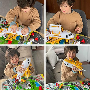 UNIH Toddler Airplane for 2 3 4 5 Year Old Boys & Girls, Kids Toys Plane with Lights and Sounds, Transport Cargo Airplane with 4 Construction Cars