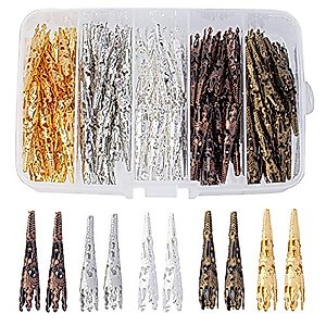 PH PandaHall 100 Pcs 5 Colors Goddess Hair Beads, 1.6 Inch Long Flower Bead Caps Bead End Hollow Bead Caps Spacers for Earring Pendant Neckalce Jewelry DIY Craft Goddess Beads for Hair Braid Jewelry