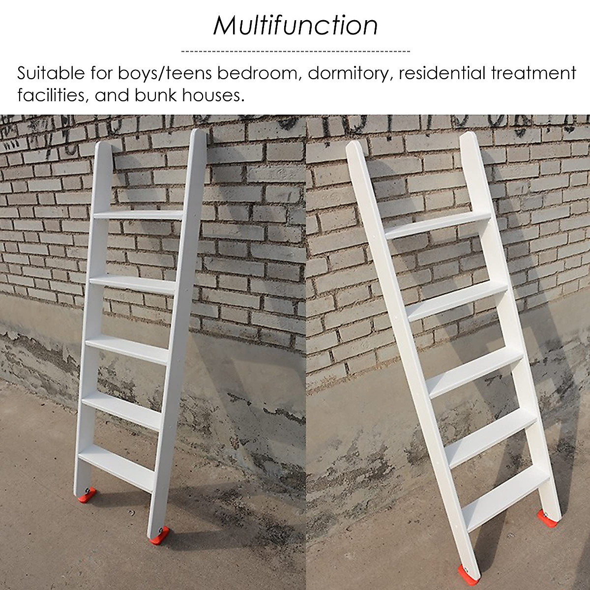 White High-Rise Bed Ladder, Wooden Camper Bunk Bed Ladder with Hooks, Twin/Single Bed Hook-On Step Ladder for Small Space, Load 330lbs