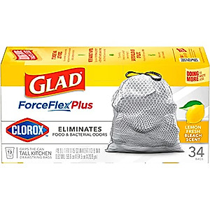 Glad ForceFlexPlus with Clorox Tall Trash Bags, 13 Gal, Lemon Fresh Bleach, 34 Ct, Pack May Vary